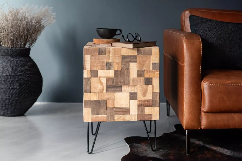 KIMBER PEDESTAL TEAK MOSAIC BEDSIDE TABLE WITH HAIRPIN LEGS | Leroy ...