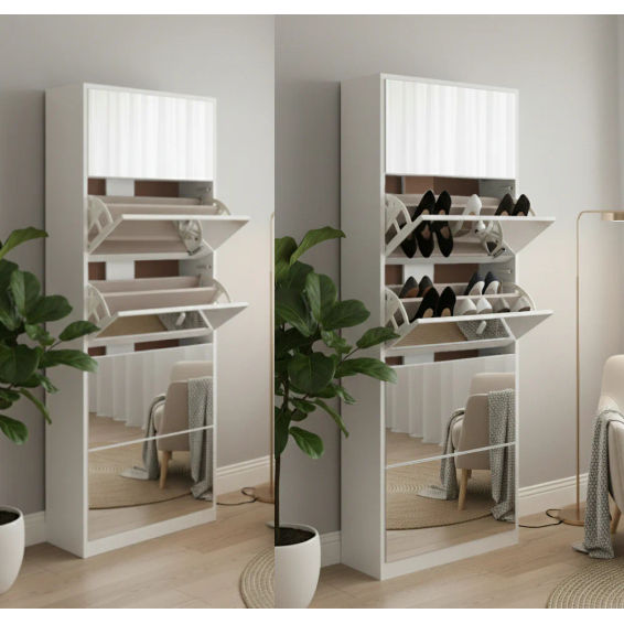 Nu Dekor - 5 Tier Double Storage Mirror Shoe Cabinet - White