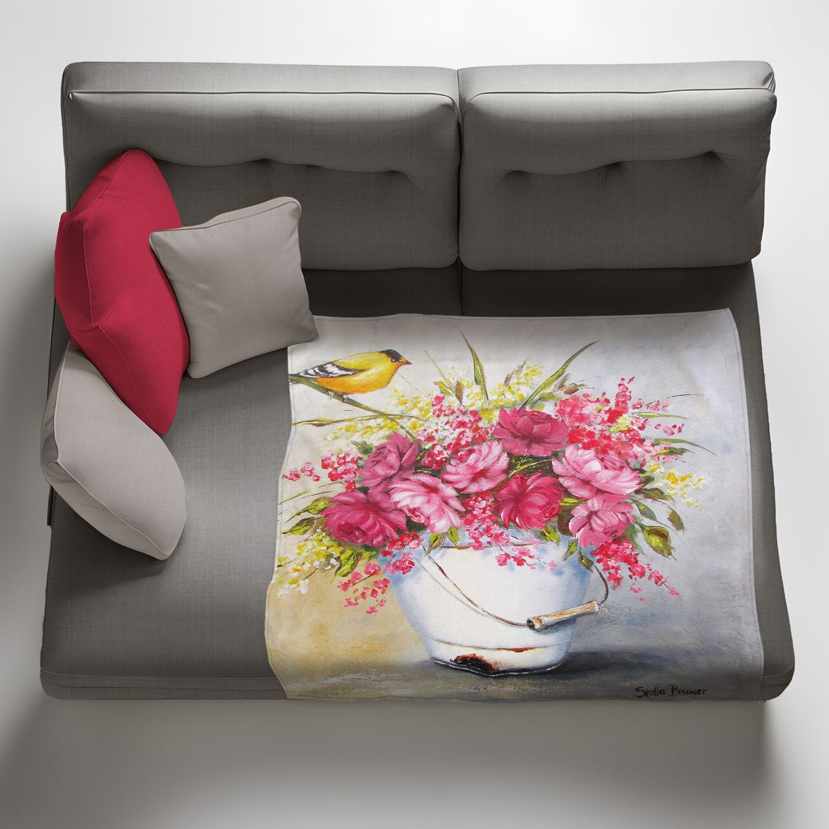 Pink Flower Yellow Bird Light Weight Fleece Blanket By Stella Bruwer ...
