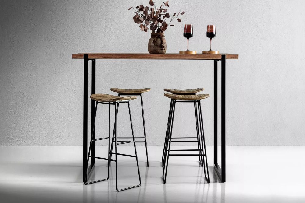 Lazera Bar Table 1.4m Solid Teak Wood Top with Black Steel Legs | Leroy ...