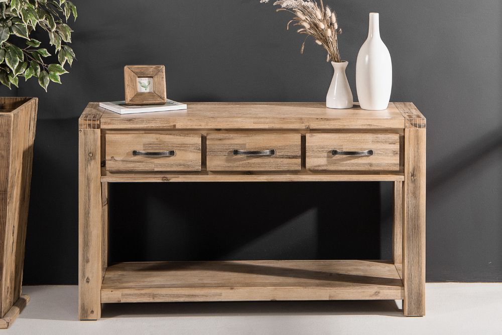 Vancouver Solid Acacia Wood Console Table with 3 Drawers and Shelf ...