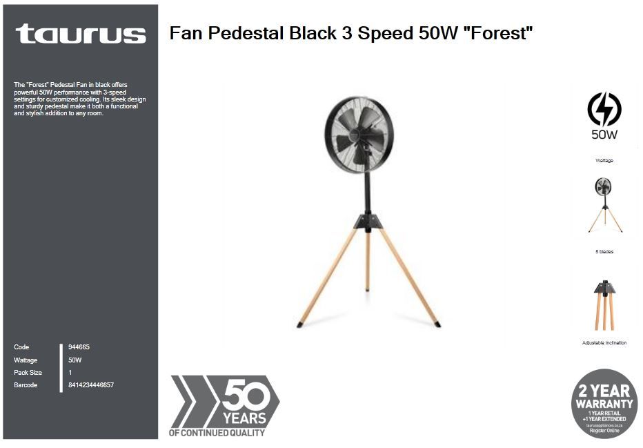 Taurus Fan Pedestal Black 3 Speed 50W Forest | Leroy Merlin South Africa