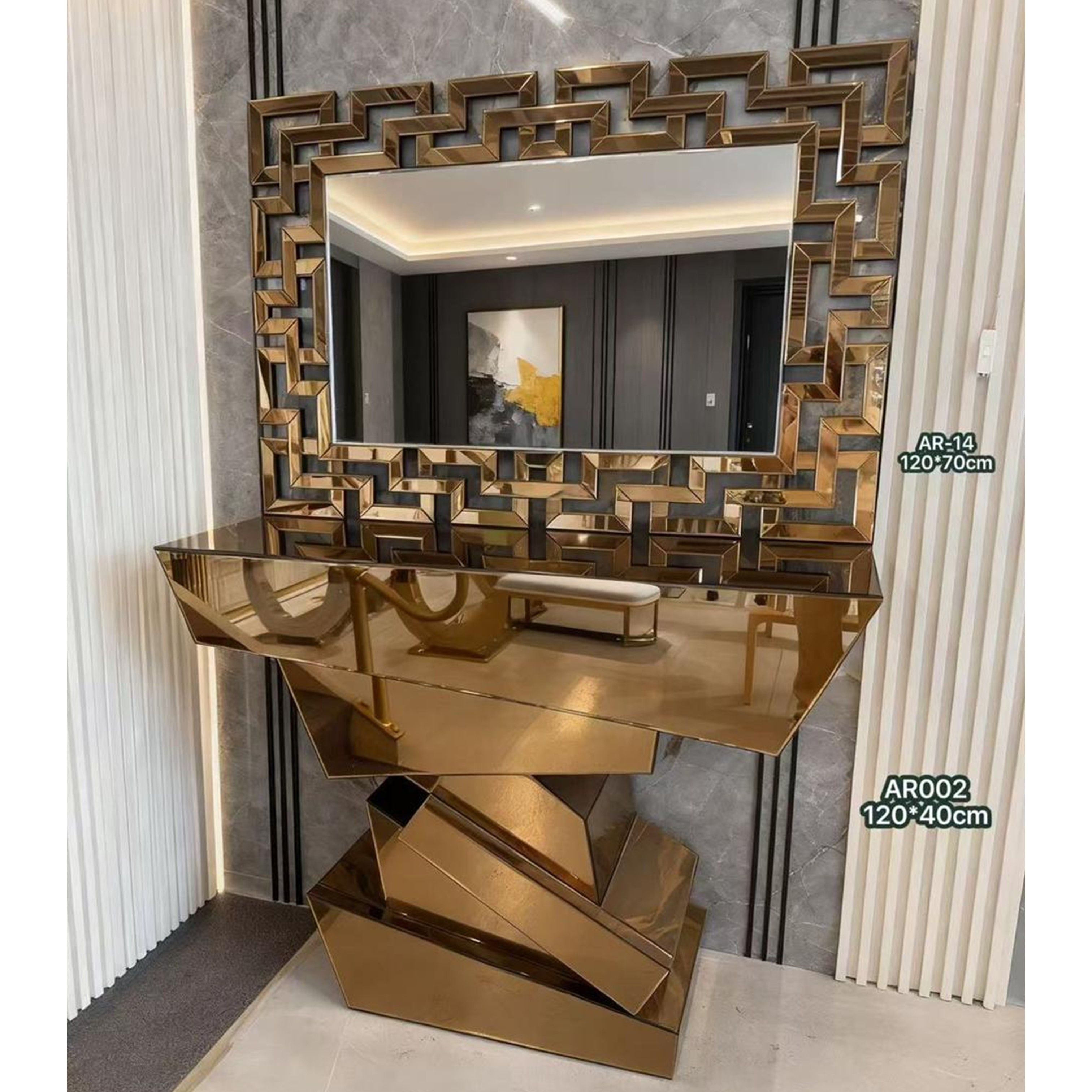 Madiega Furniture - Gold Mirrored Geometric Console and Mirror Set