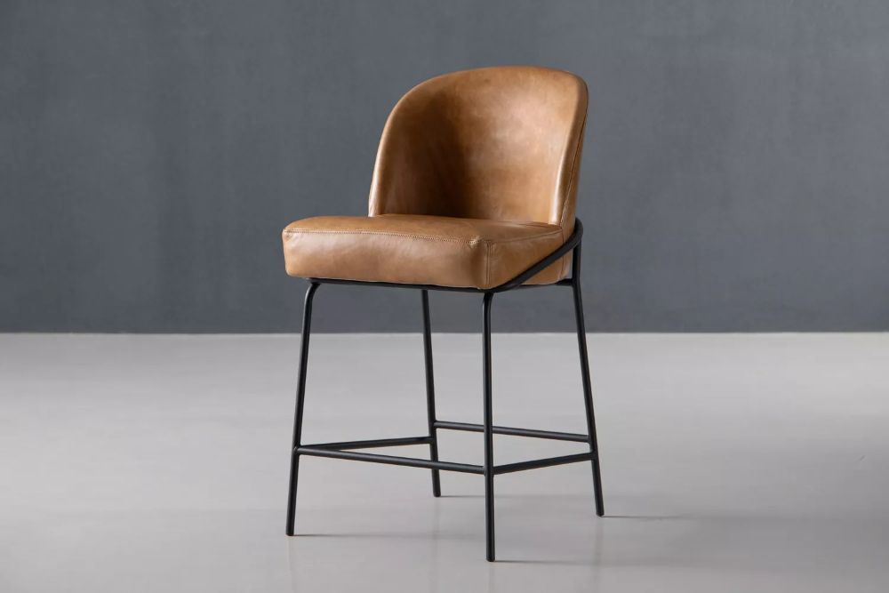 Curva Leather Counter Bar Chair Full Grain Leather Seat & Powder-Coated ...