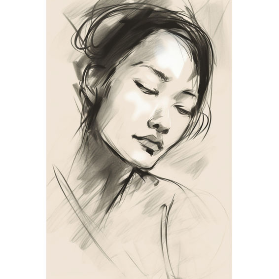 Canvas Wall Art - Light Sketch Depicts Woman East Asian - A1528 - [120 ...