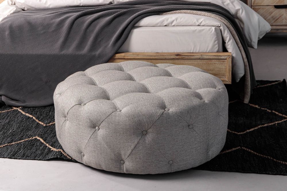 Amara Round Ottoman – Flint Polyester Fabric Tufted Accent Stool ...