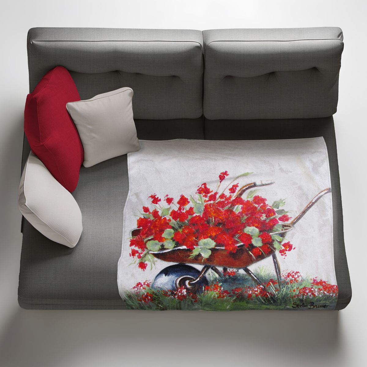 Red Floral Wheelbarrow Light Weight Fleece Blanket by Stella Bruwer ...