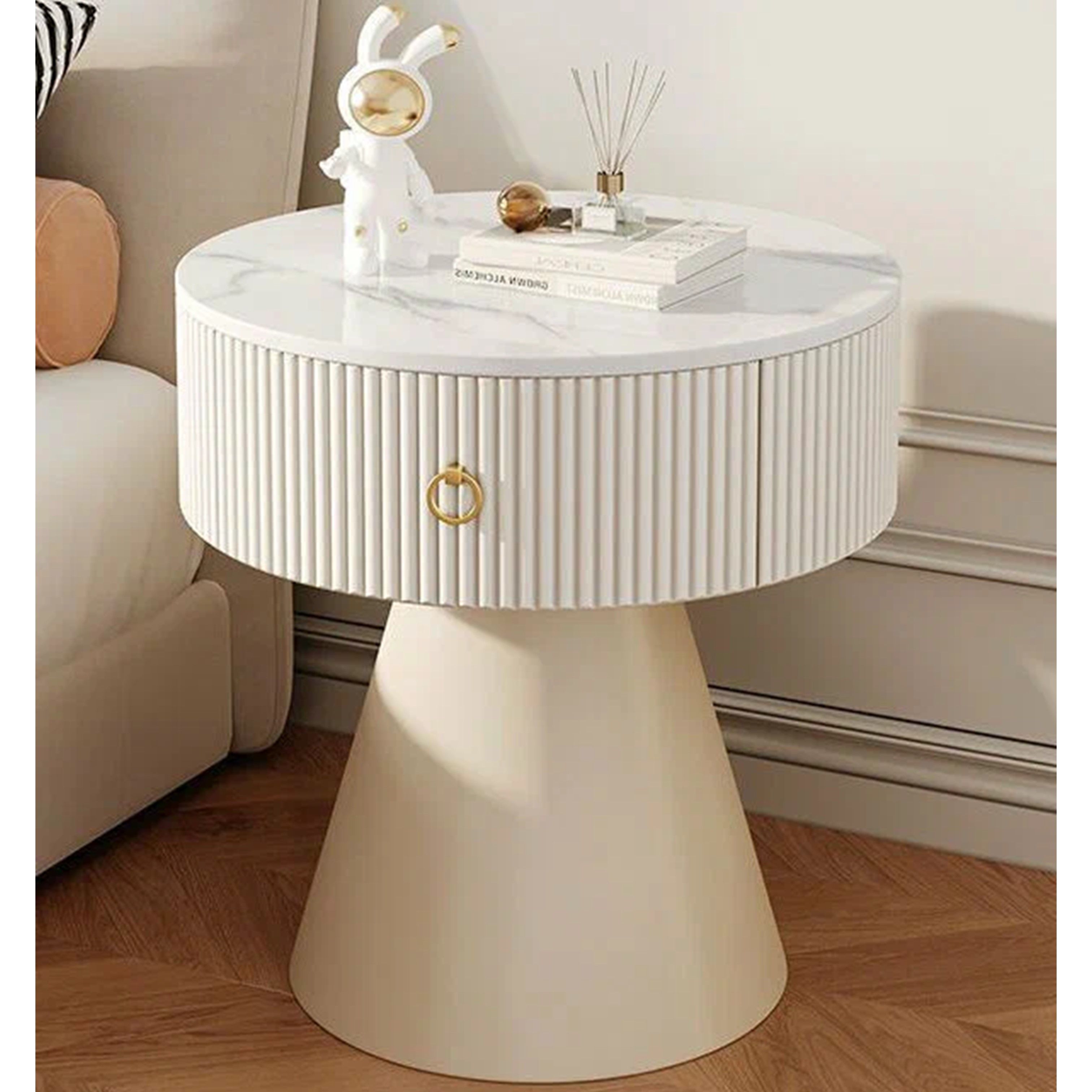 Madiega Furniture - Ivory Fluted Marble Top with Cream‑Base Side Table ...