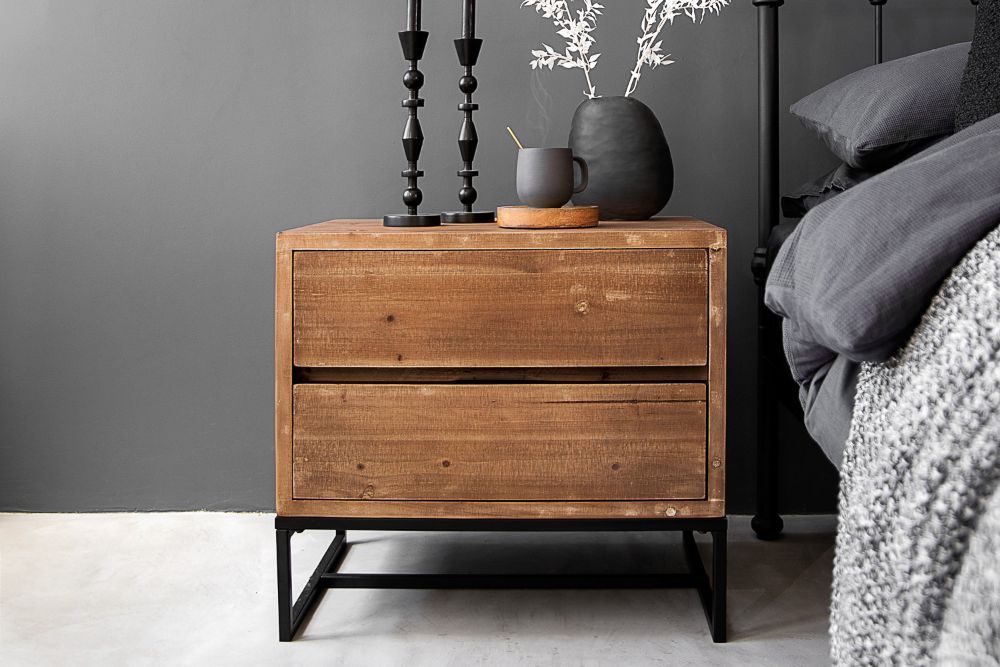 ANTWAN PEDESTAL 2-DRAWER FIR WOOD VENEER BEDSIDE TABLE WITH STEEL LEGS ...