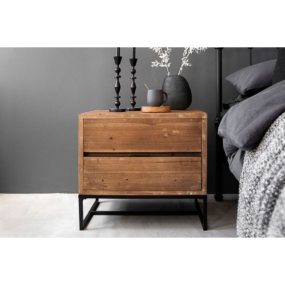 ANTWAN PEDESTAL 2-DRAWER FIR WOOD VENEER BEDSIDE TABLE WITH STEEL LEGS ...