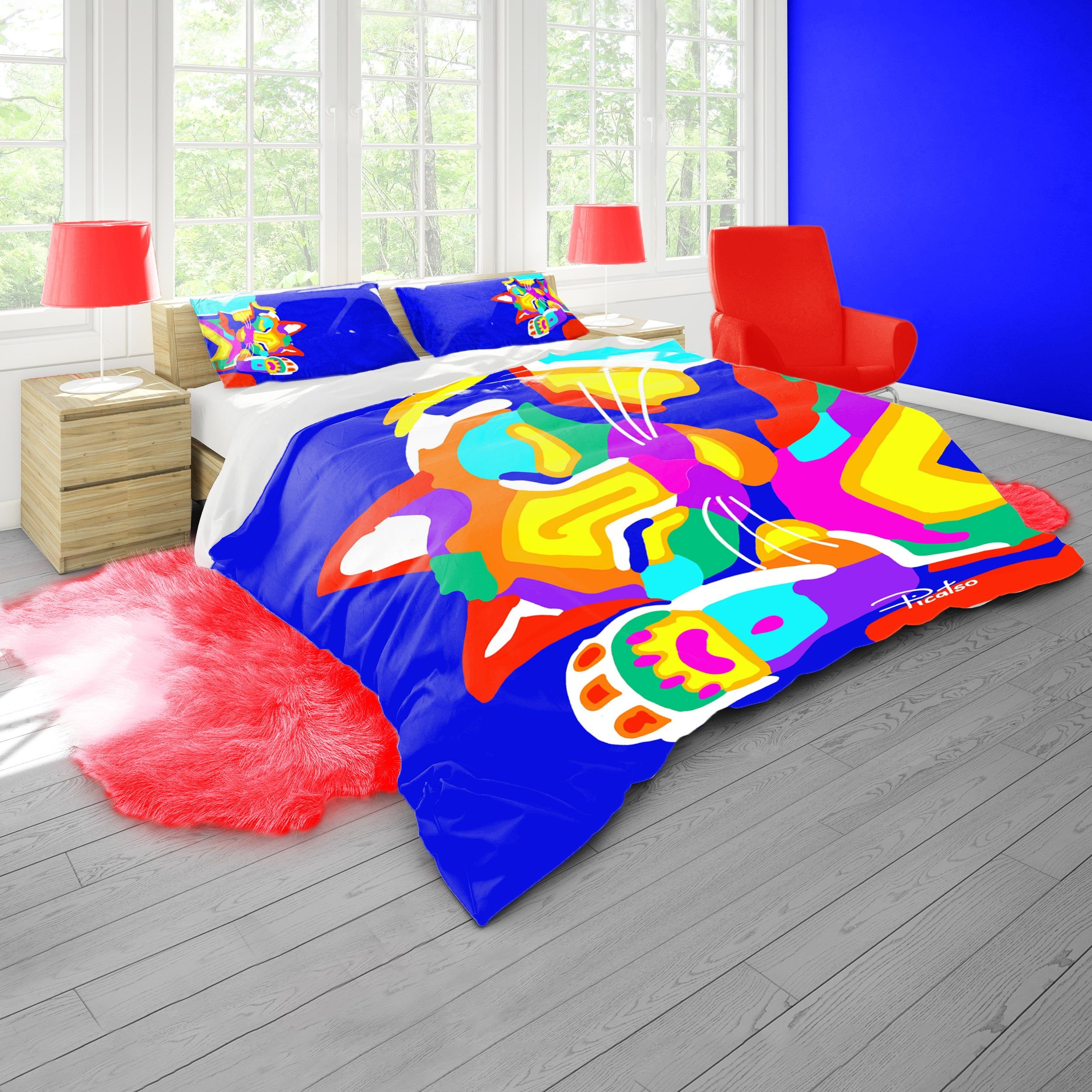 Blue Colourful Dreamer Cat By Picatso Duvet Cover Set Double | LEROY ...