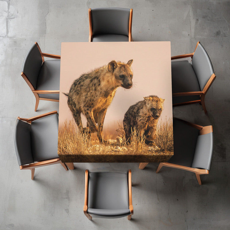 Heyena female plying with cub Square Tablecloth By Fanie Heymans ...