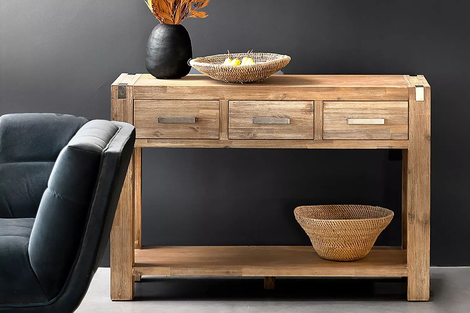 Zekara Acacia Wood Console Table with 3 Drawers and Metal Inlays ...