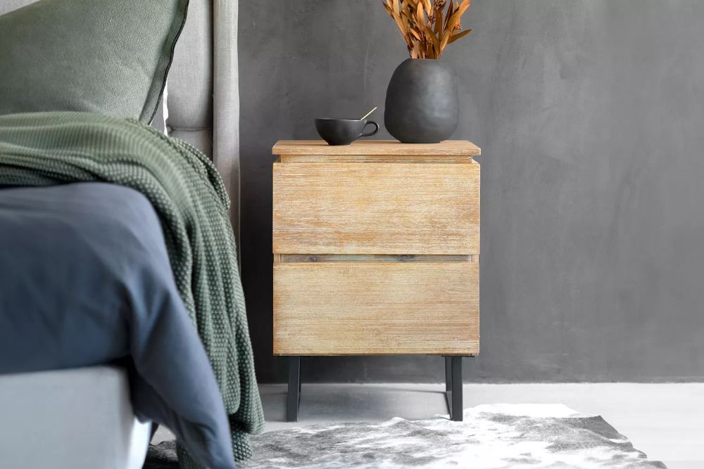 CATALAN PEDESTAL ACACIA WOOD BEDSIDE TABLE WITH STEEL LEGS | Leroy ...
